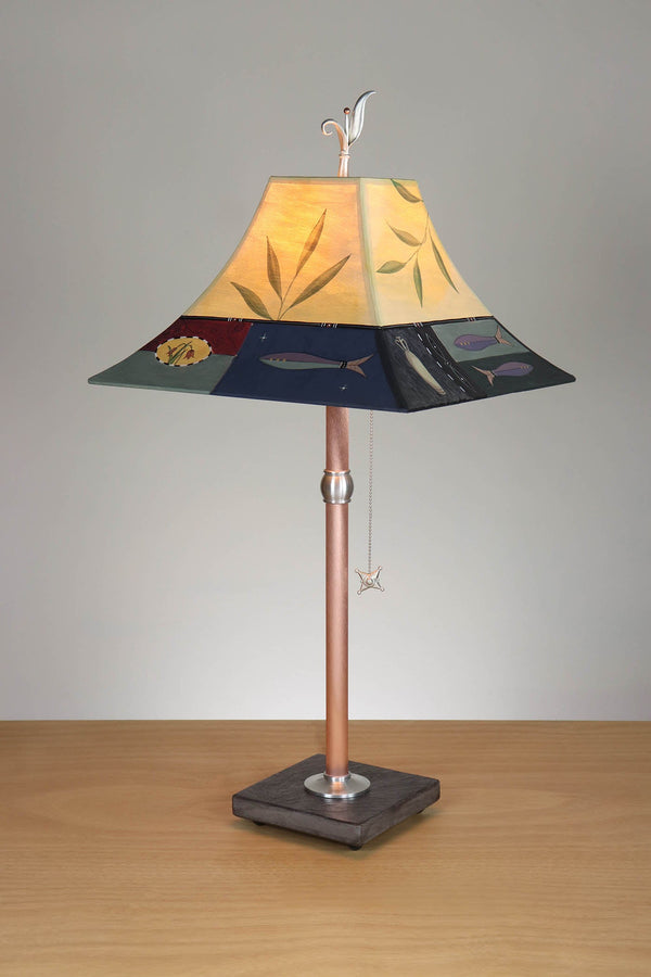 Copper Table Lamp with Medium Pagoda Shade in Twin Fish in Antique Ivo ...