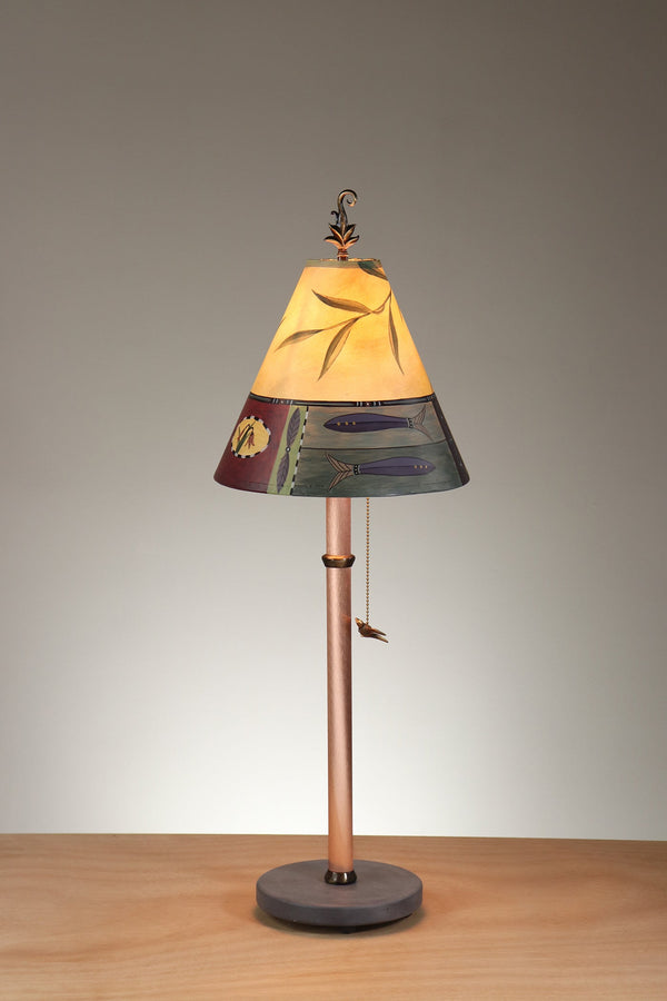 Copper Table Lamp with Small Conical Shade in Twin Fish in Antique Ivo ...